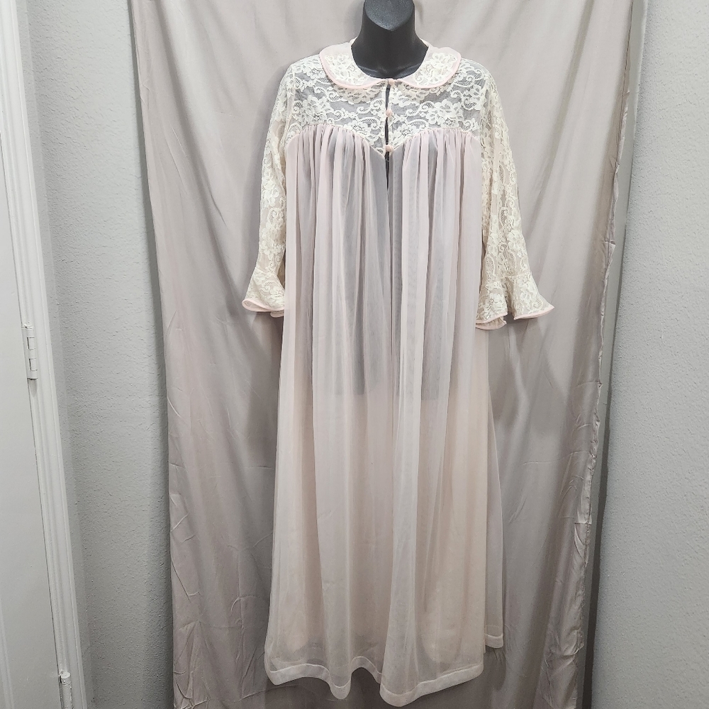 Vintage 60s Komar Sheer Light Pink Chiffon Cream Lace… - Gem
